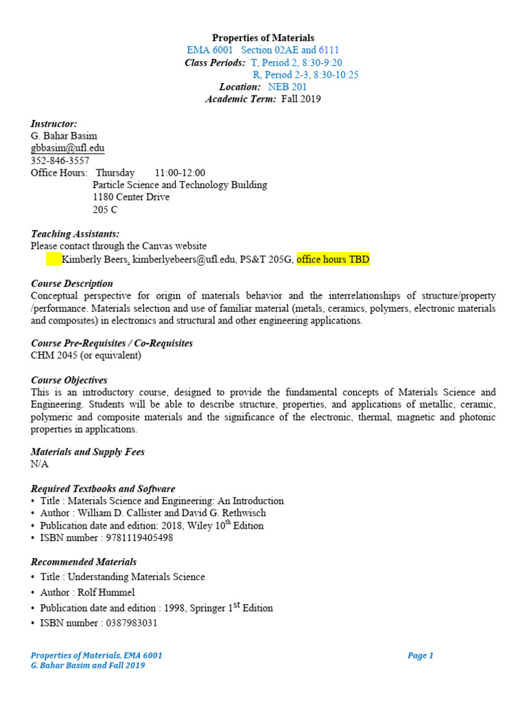EMA 6001 F19 Syllabus - Basim。 | PDF | Materials Science | Solid