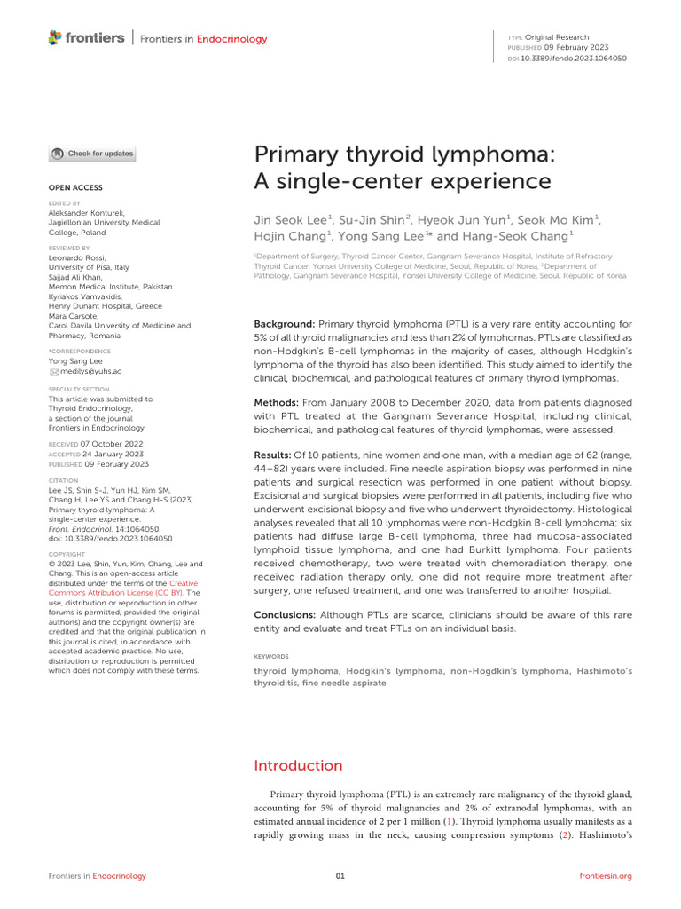 Primary Thyroid Lymphoma: A Single-Center Experience | PDF | Hypothyroidism | Biopsy