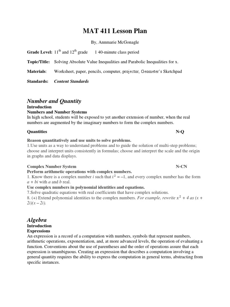 Lesson Plan | PDF | Equations | Quadratic Equation