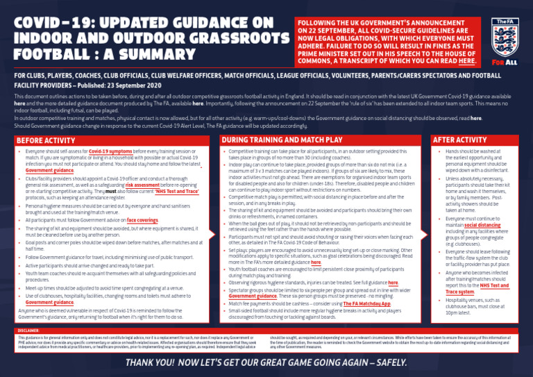 Guidance On Indoor and Outdoor Football Summary - 23 September | PDF ...