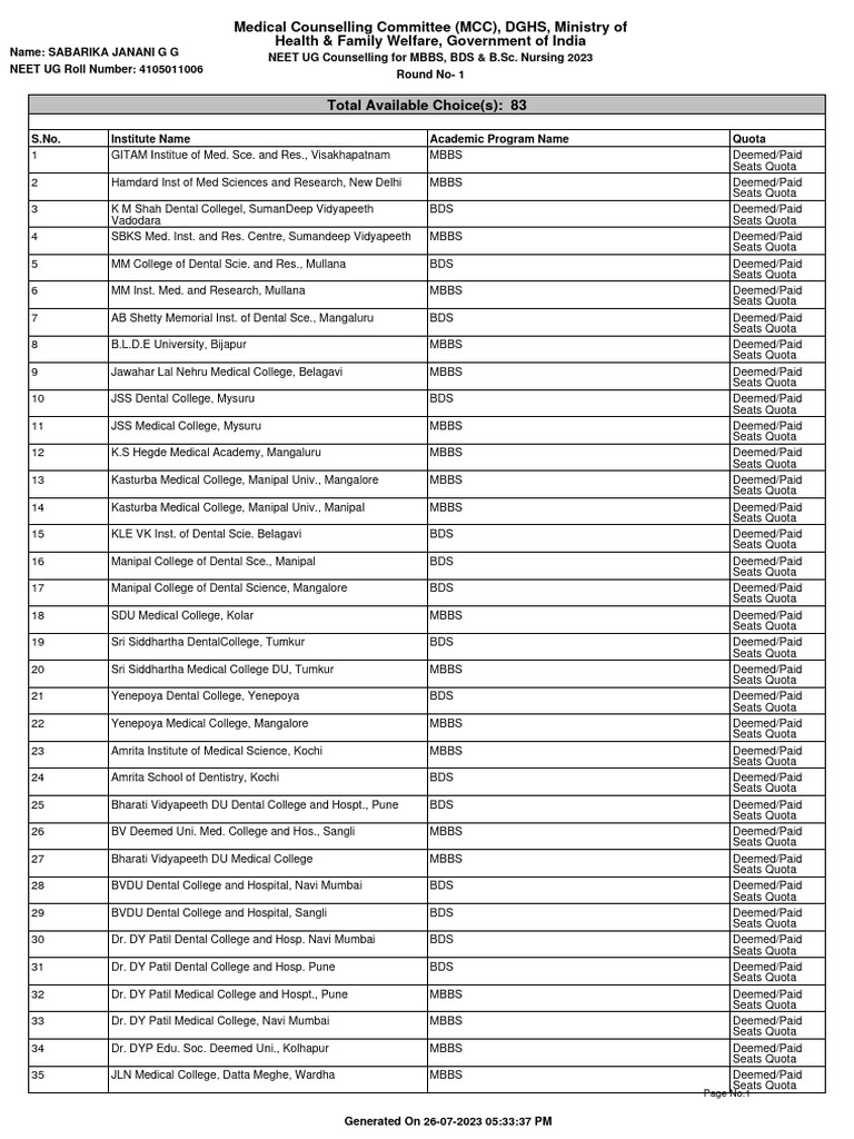 ViewAvailableChoices BDS and MBBS list | PDF | Dental Degree | Higher ...