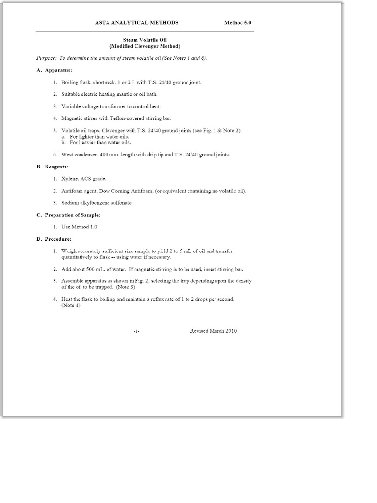 ASTA ANALYTICAL METHODS Method 5.0. Steam Volatile Oil (Modified ...