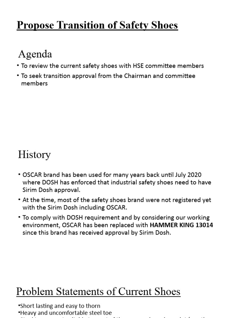 Safety Shoes Transition Proposal | PDF | Shoe | Softlines (Retail)