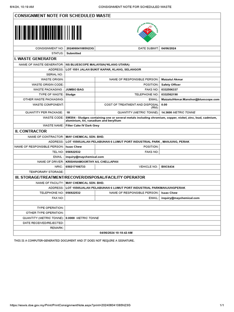 Consignment Note For Scheduled Waste (SW204) | PDF | Waste | Materials