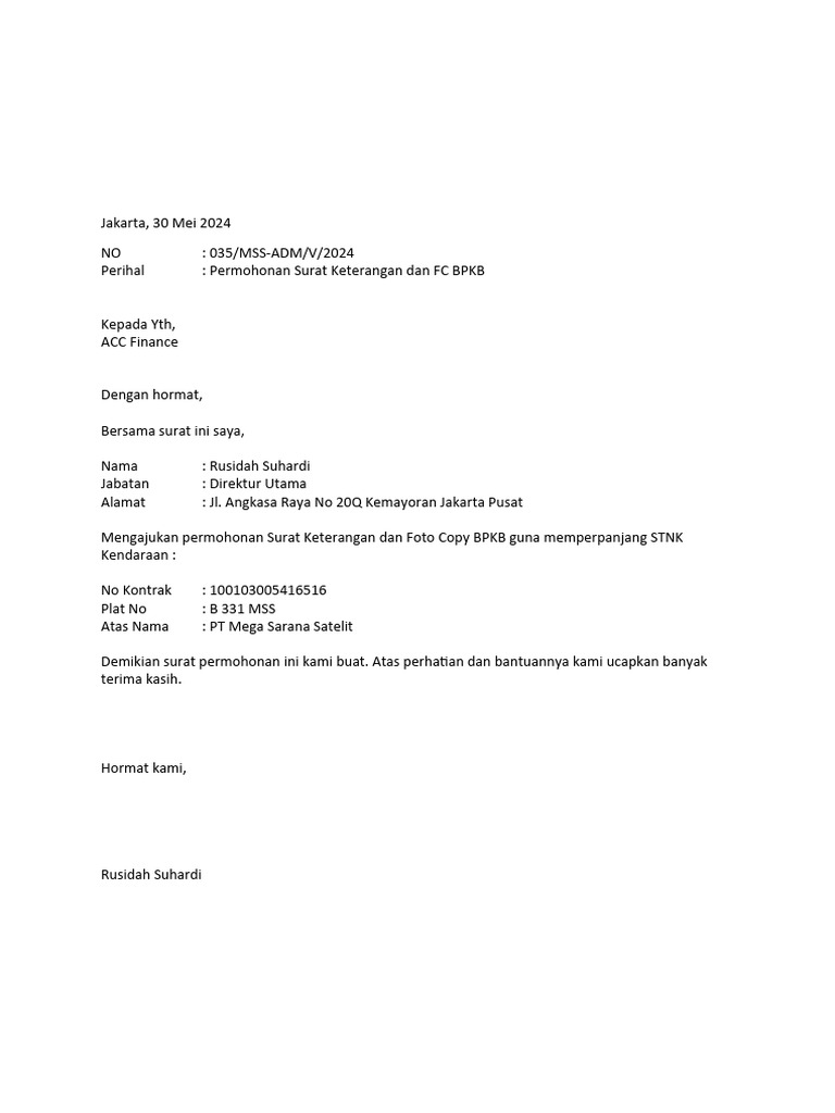 Surat Keterangan Minta FC BPKB | PDF