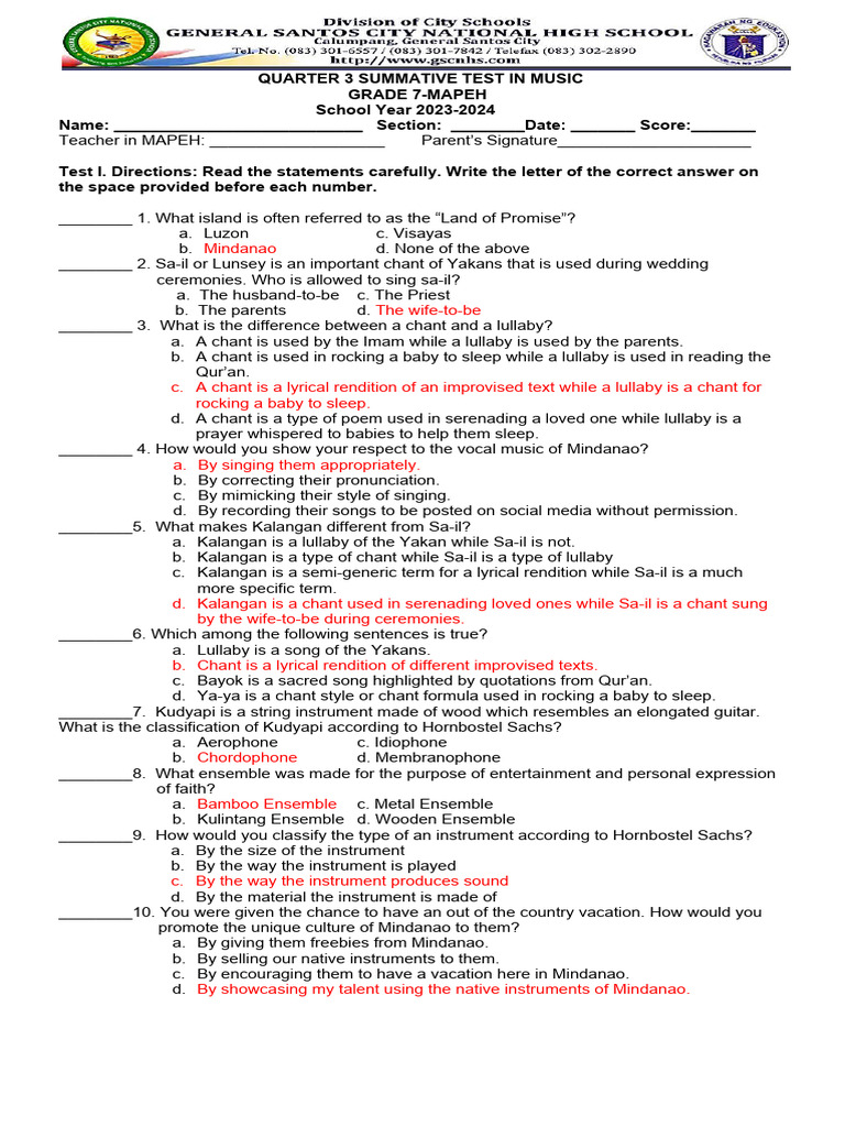 Q3 MUSIC G7 Summative Test 2023-2024 | PDF | Musical Instruments ...