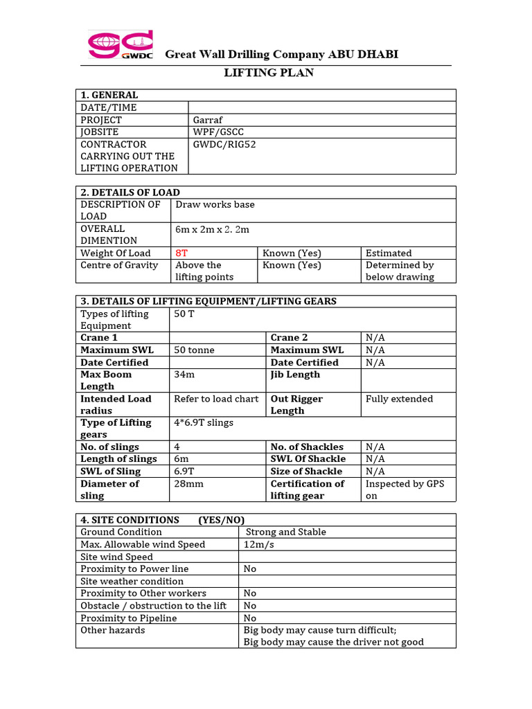 WDC-L3-39-Lifting Plan Form v1.0 - Draw Works Base | PDF | Crane (Machine)