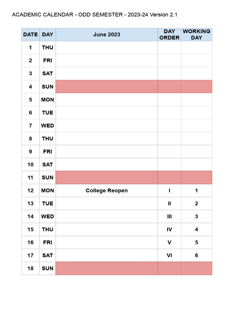 ACADEMIC CALENDAR - ODD SEMESTER - 2023-24 Version 2.1 - Google Sheets ...