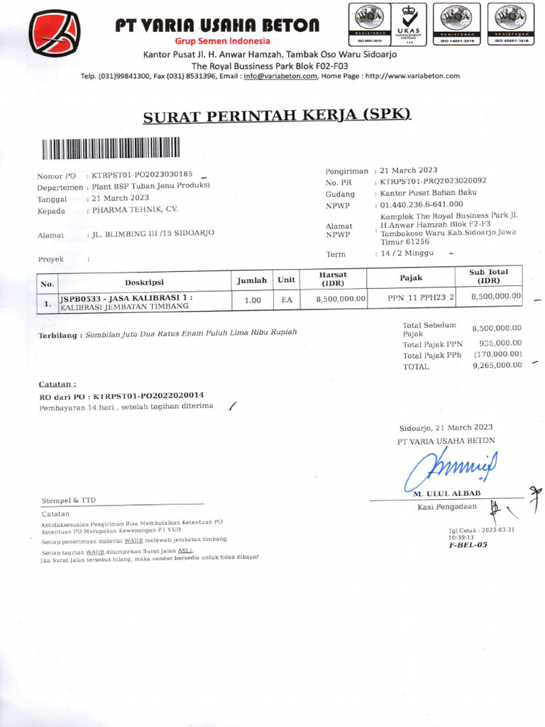 SPK Kalibrasi J.T Tuban | PDF