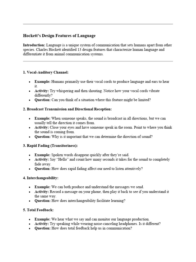 Hockett's Language Design Features Explained | PDF | Cognitive Science ...