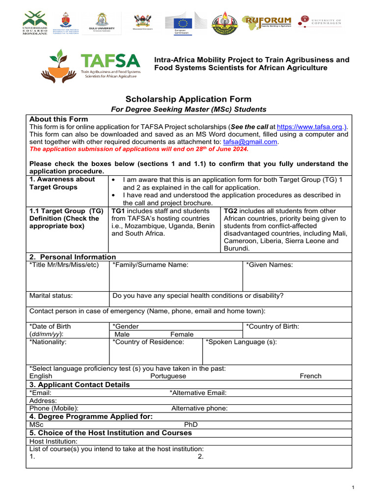 TASFA Degree Seeking Scholarship Application Form | PDF | Academic ...
