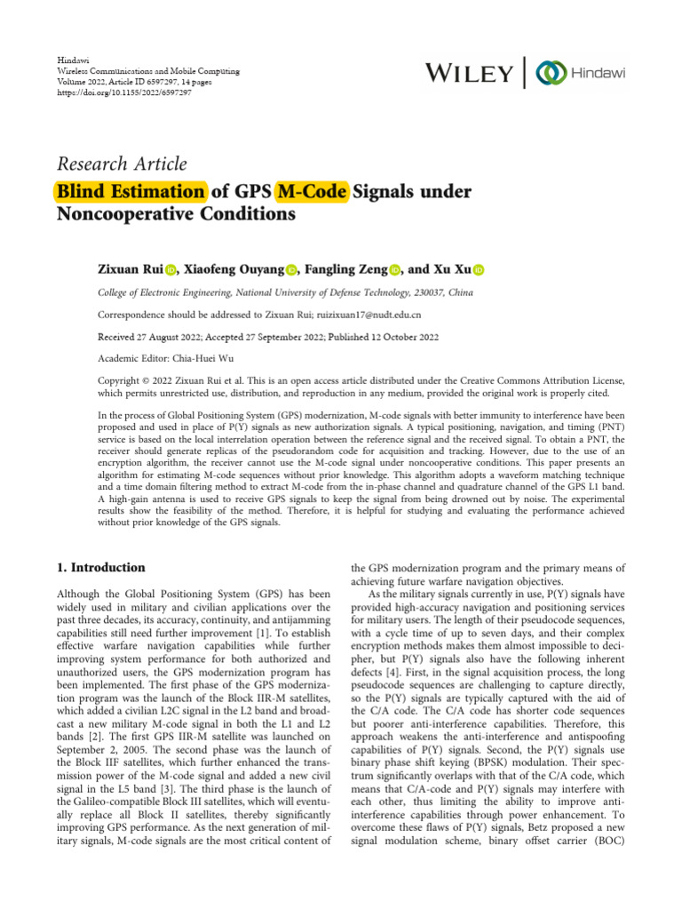 Research Article Blind Estimation of GPS M-Code Signals Under Noncooperative Conditions | PDF ...