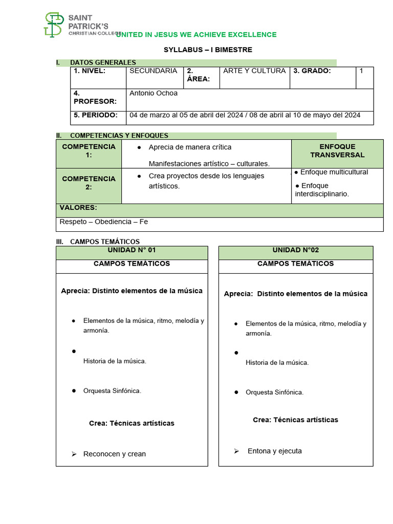 Syllabus 2024 Grado I Sec | PDF | Maestros | Las artes escénicas