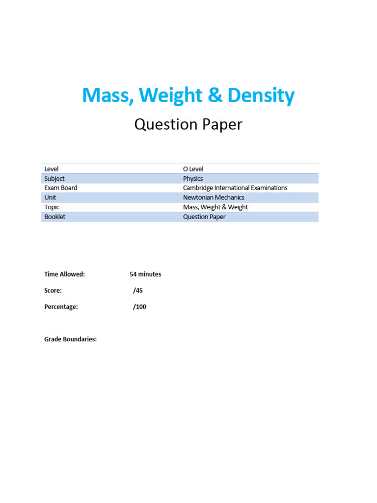 4-Mass Weight Density - Newtonian Mechanics-Cie Olevel Physics | PDF | Mass | Weight