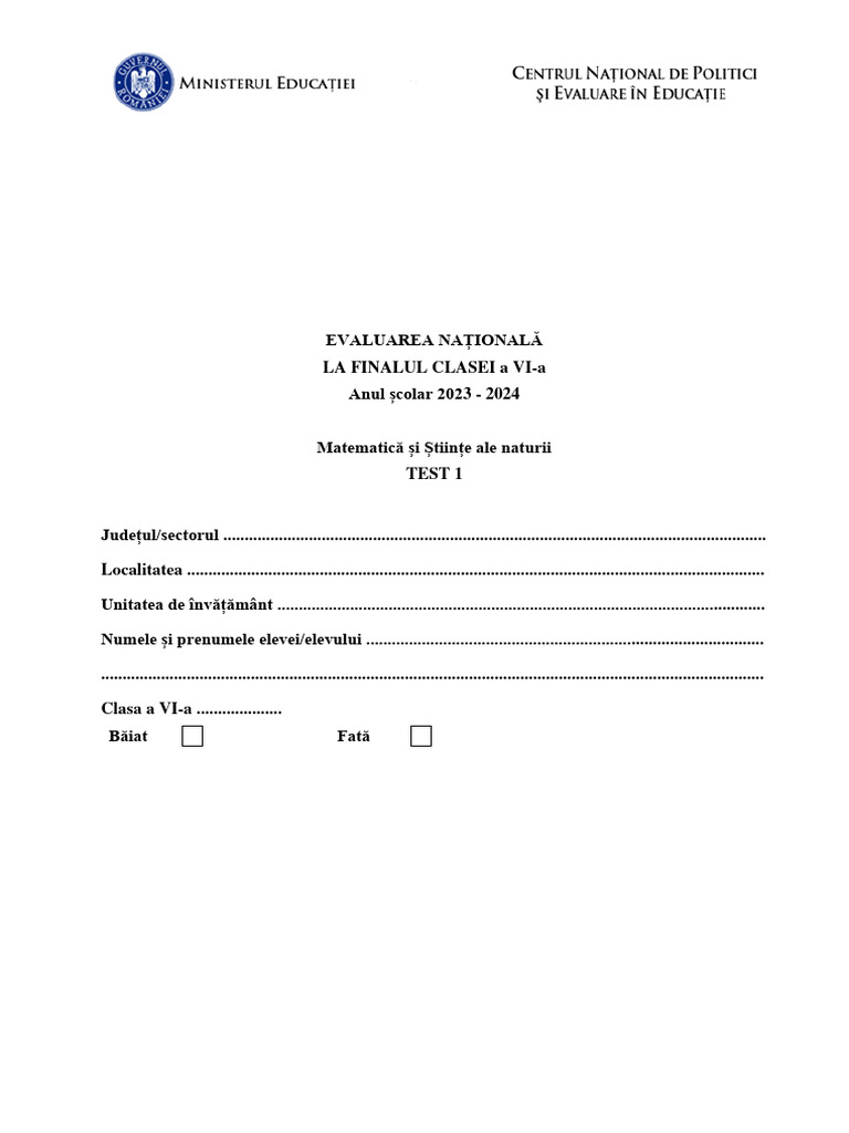 ENVI 2024 Matematica Si Stiinte Test 1 Limba Croata | PDF