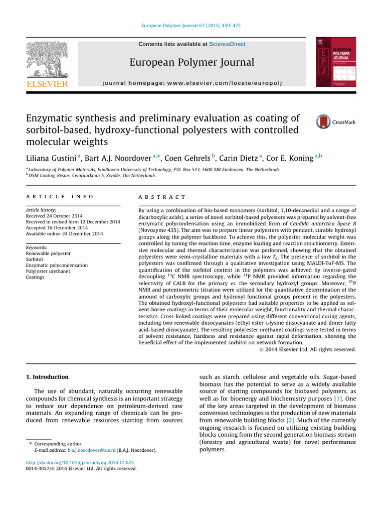 Enzymatic Synthesis and Preliminary Evaluation As Coating Ofsorbitol-Based, Hydroxy-Functional ...