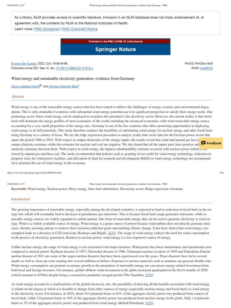 Wind Energy and Sustainable Electricity Generation - Evidence From ...