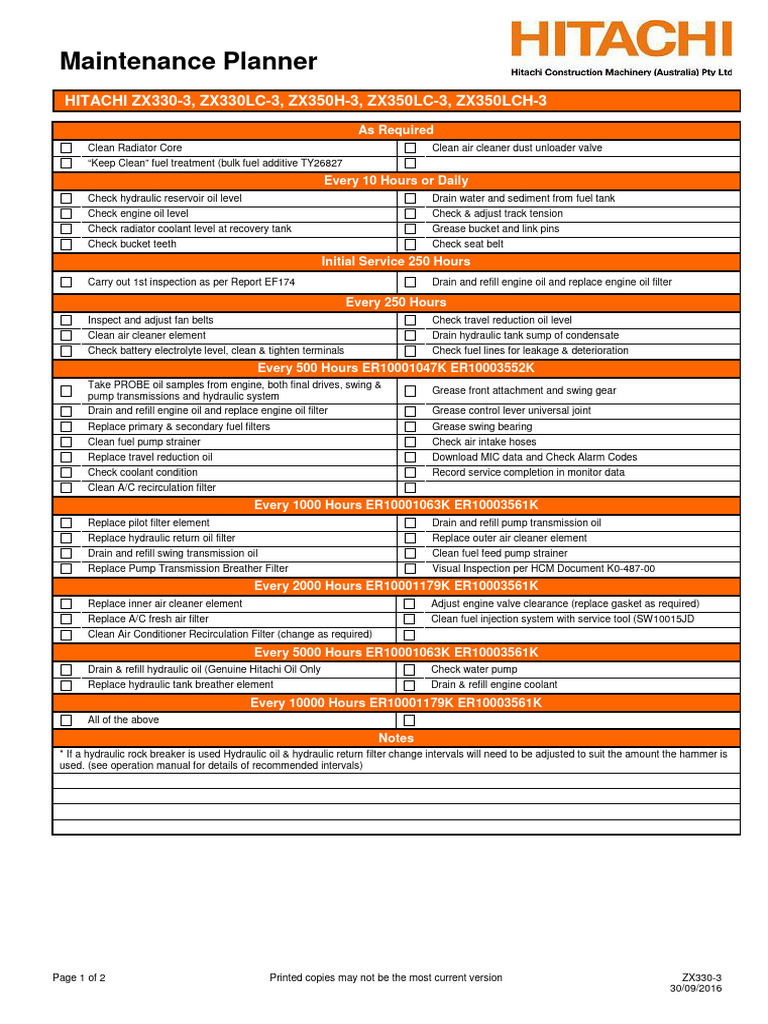 Hitachi ZX330-3 Maintenance Schedule | PDF | Pump | Motor Oil