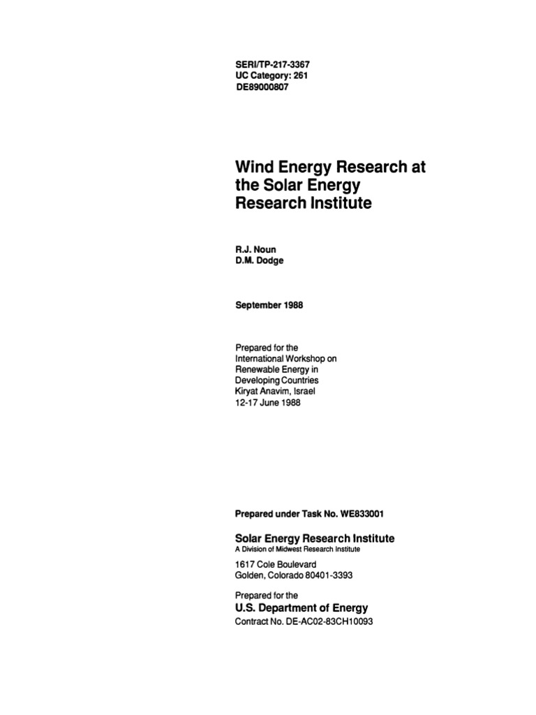 Wind Energy Research at the Solar Energy Research Institute | PDF ...