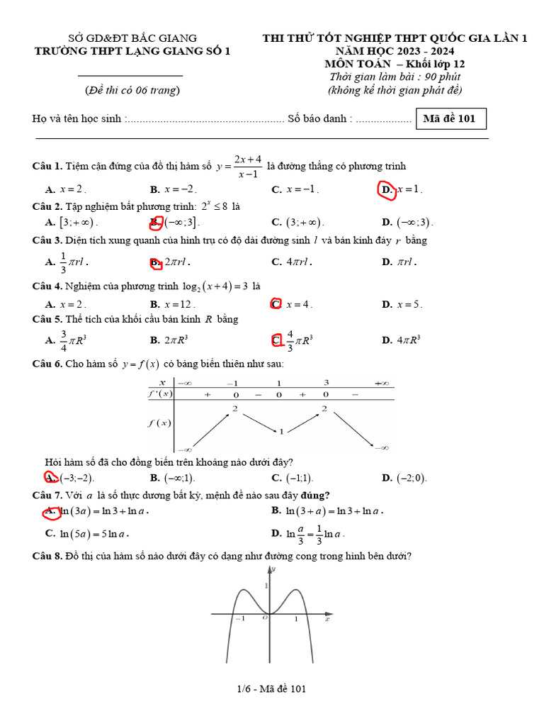 De Thi Thu Toan TN THPT 2024 Lan 1 Truong THPT Lang Giang 1 Bac Giang | PDF