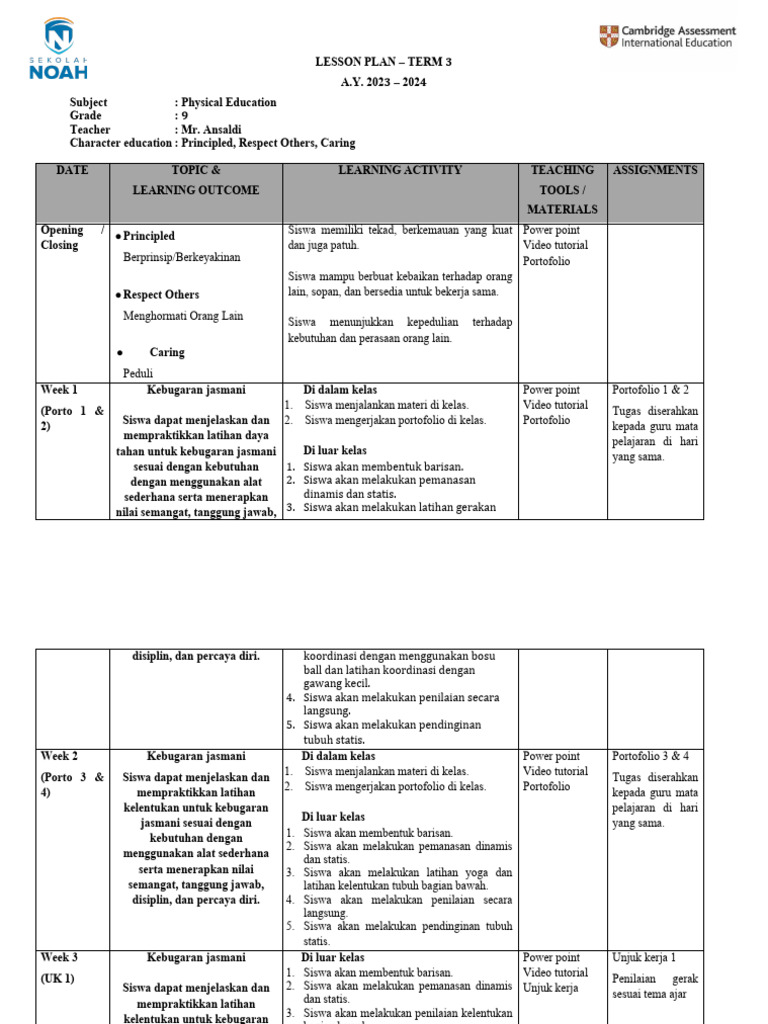 PE - Lesplan - Grade9 - Term3 Ansaldi 2024 | PDF