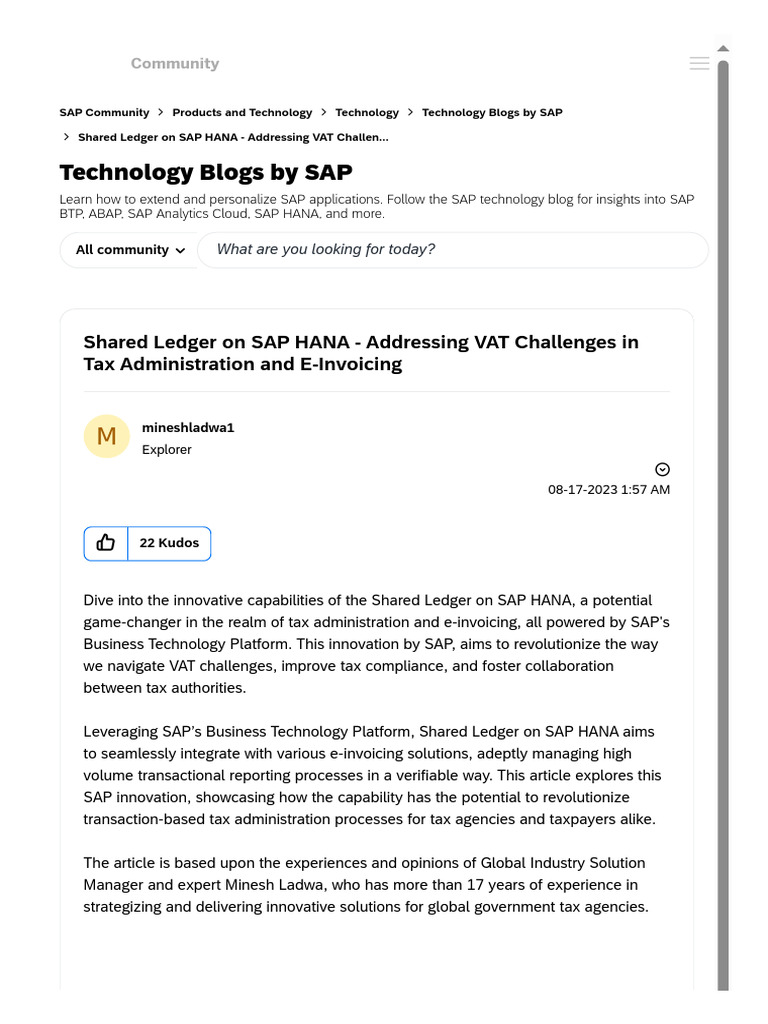 Shared Ledger On SAP HANA - Addressing VAT Challen... - SAP Community | PDF | Taxes | Database ...