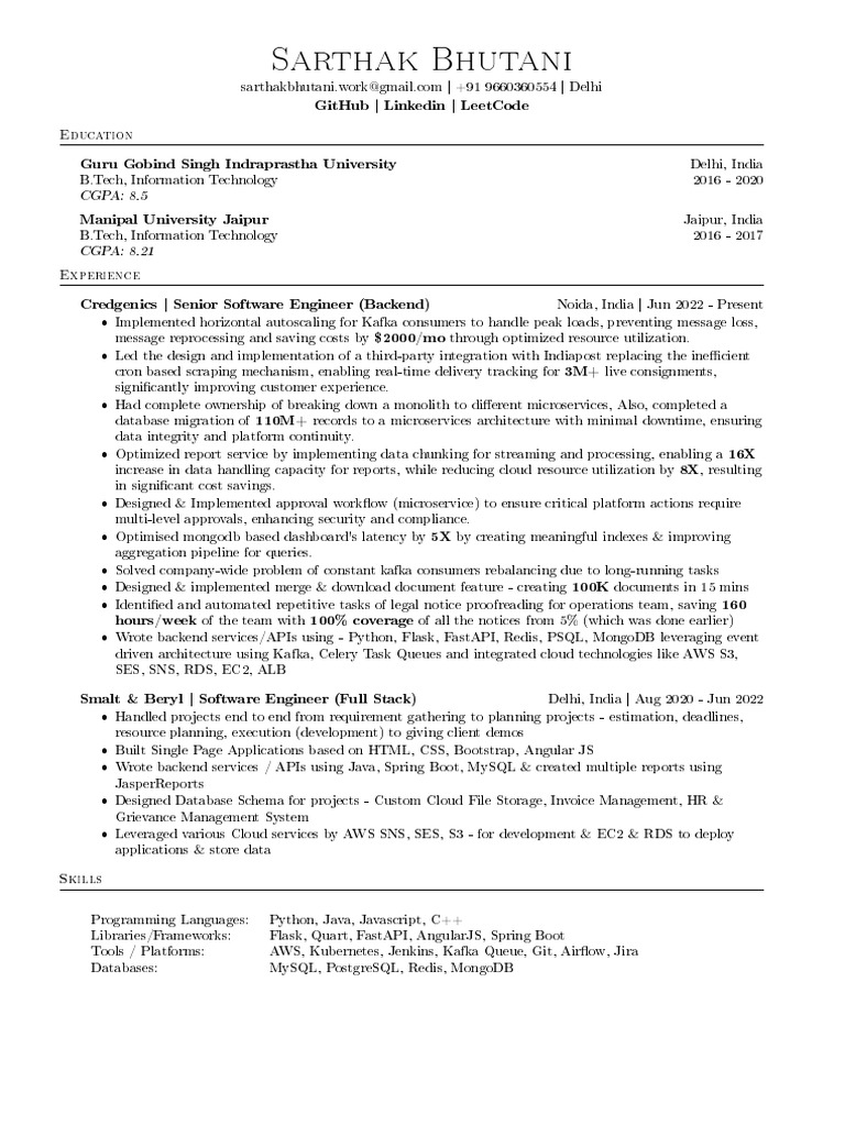 Sarthak Bhutani - SDE2 - 3.5YOE - Resume PDF | PDF | Cloud Computing | Postgre Sql