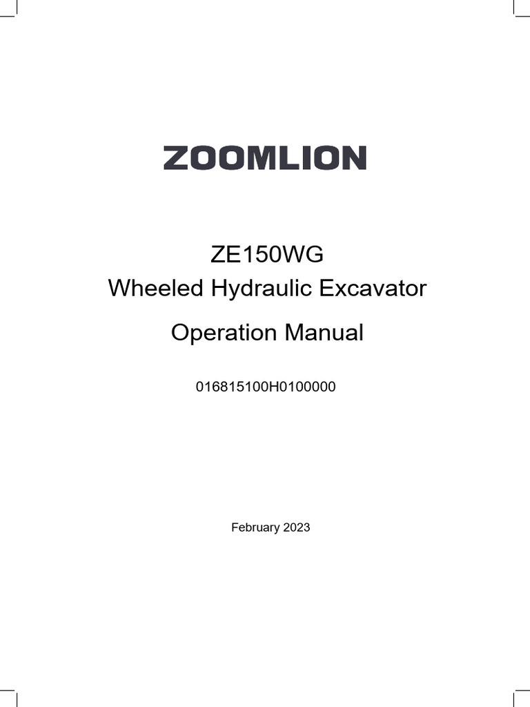 ZOOMLION ZE150WG Wheeled Hydraulic Excavator Operation Manual | PDF ...