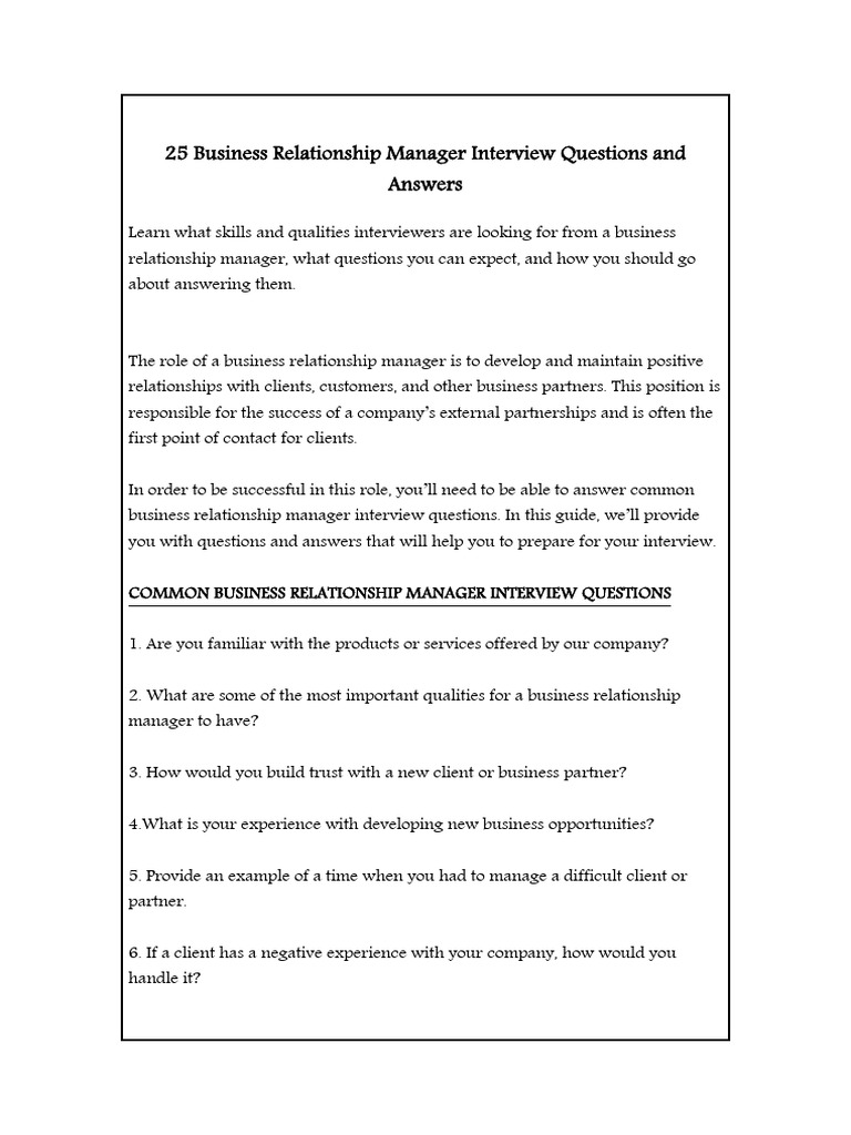 Relationship Manager Interview Questions | PDF | Experience | Customer