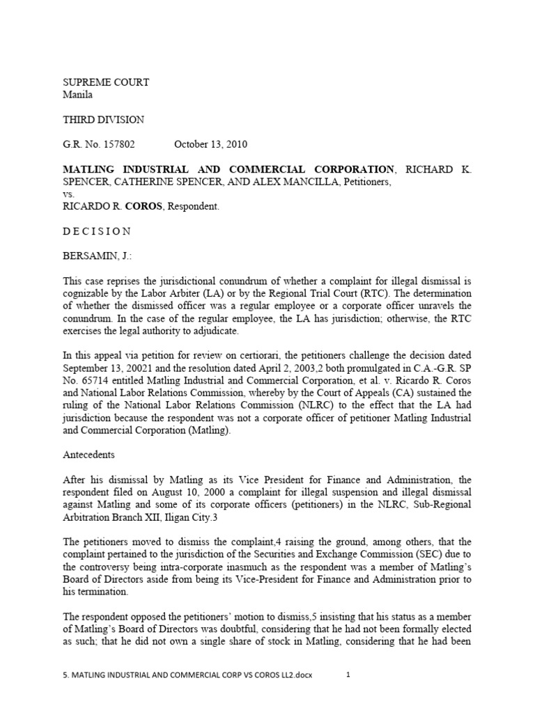 Matling Industrial and Commercial Corp VS Coros LL2 | PDF ...