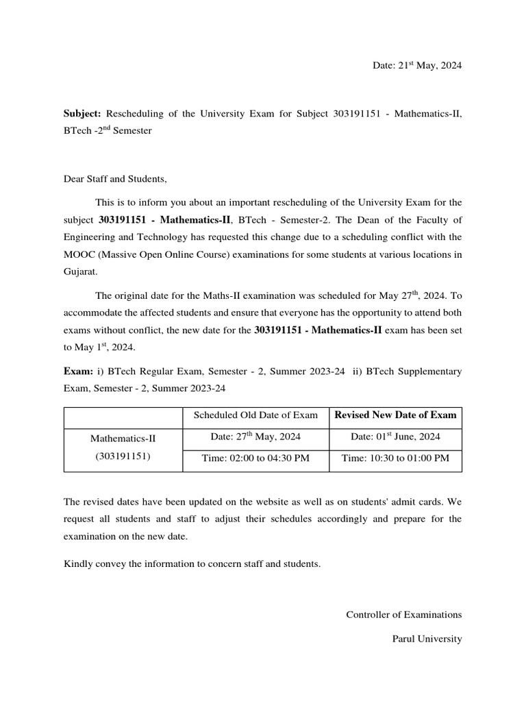 Regarding Reschedule of 303191151 - Maths-II Exam | PDF