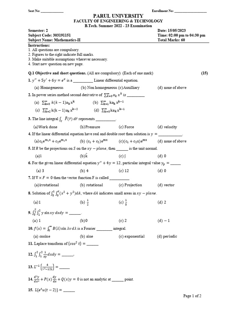 Mathematics-II Exam Paper 303191151 | PDF | Equations | Functions And ...