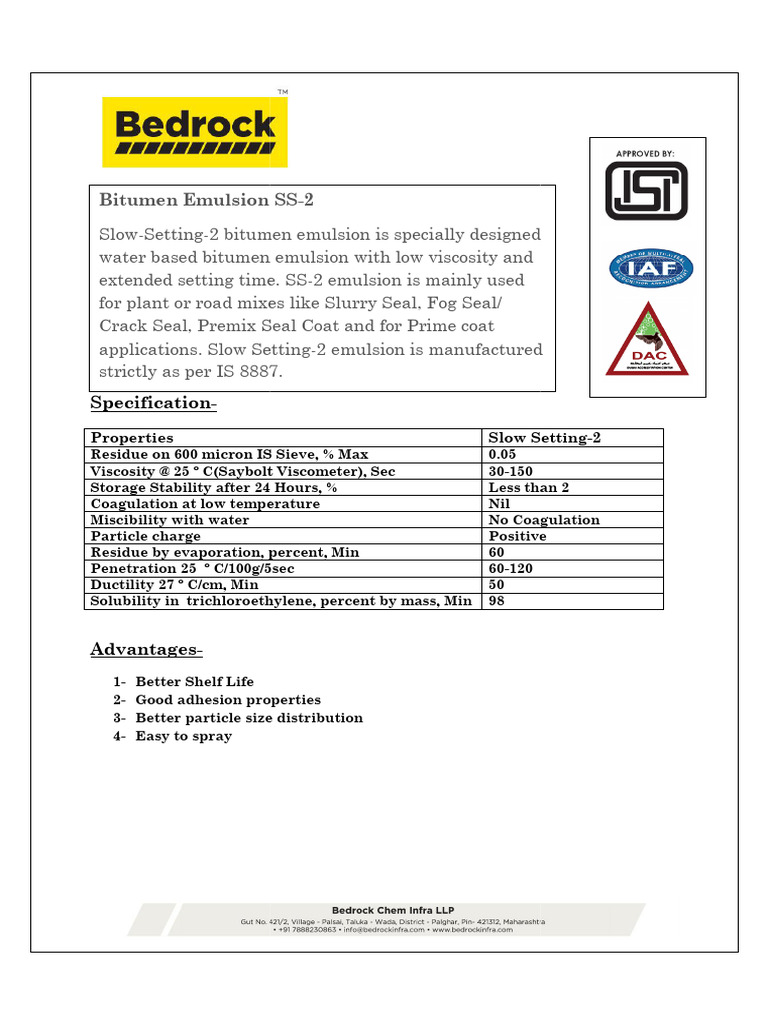 Bitumen Emulsion SS-2 Specifications | PDF