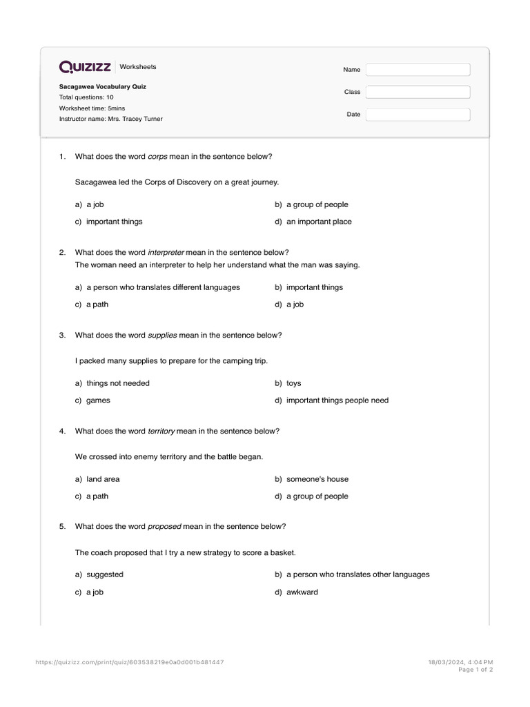 Sacagawea Vocabulary Quiz Worksheet | PDF | Linguistics
