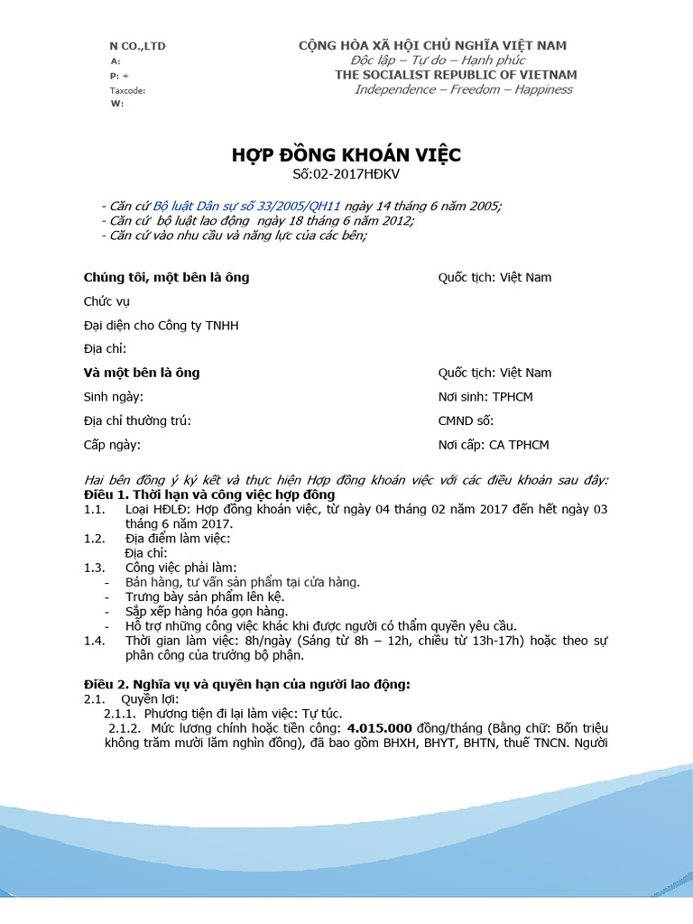 NS - 21 - BM01 - Hop Dong Khoan Viec - DTP | PDF