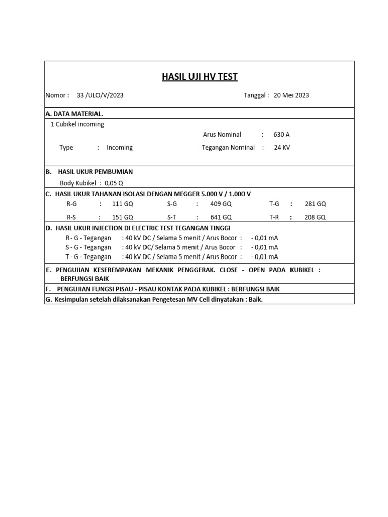 Hasil Uji HV Test Cubicle 1 | PDF