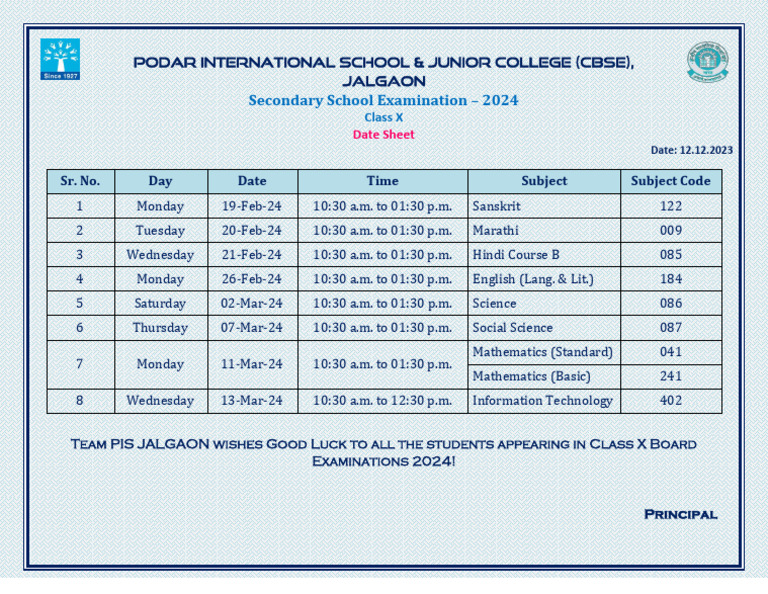 Date Sheet - Class X Board Exam 2024 | PDF