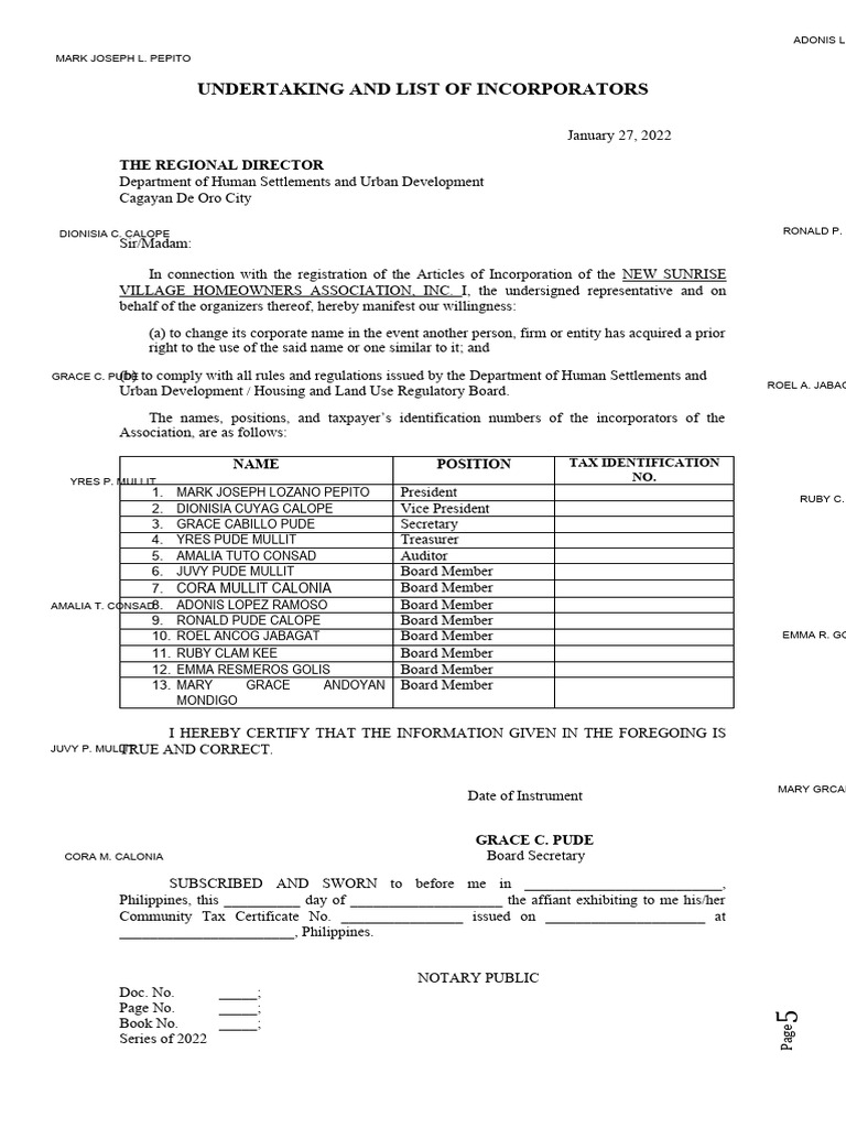 Blank Undertaking and List of Incorporators | Download Free PDF ...