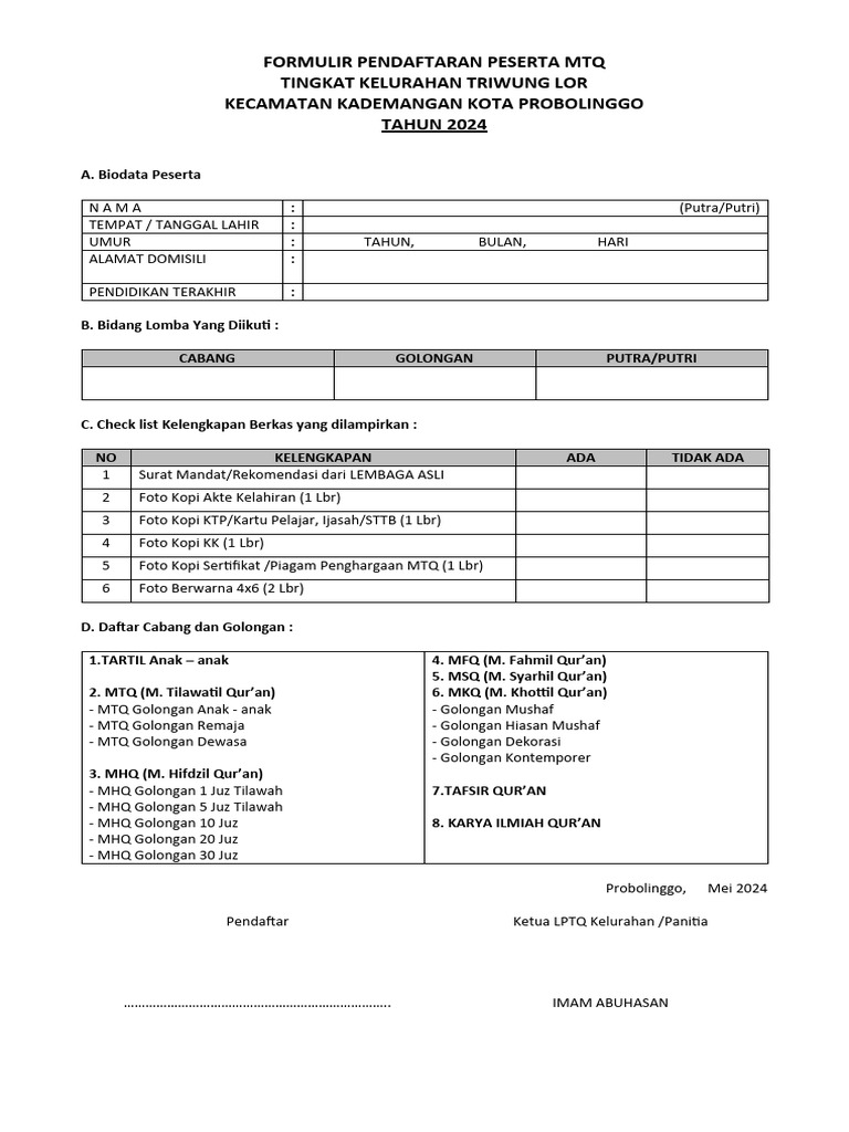 Formulir Pendaftaran Peserta MTQ | PDF