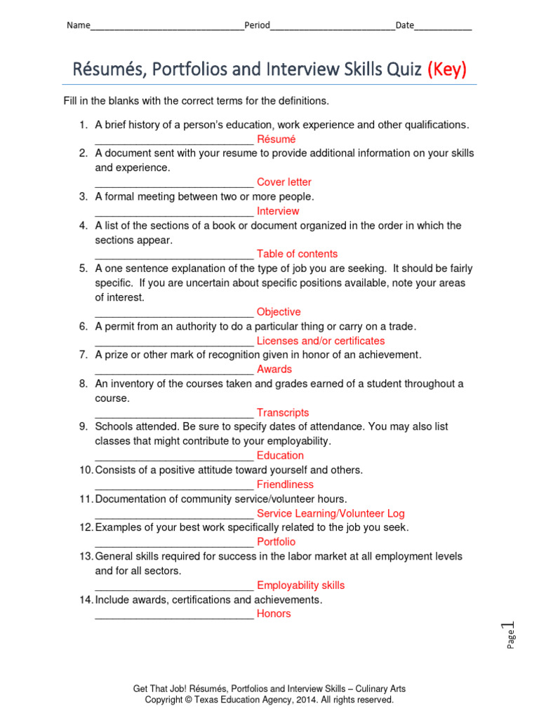 Résumés Portfolios and Interview Skills Quiz Key1 | PDF | Résumé