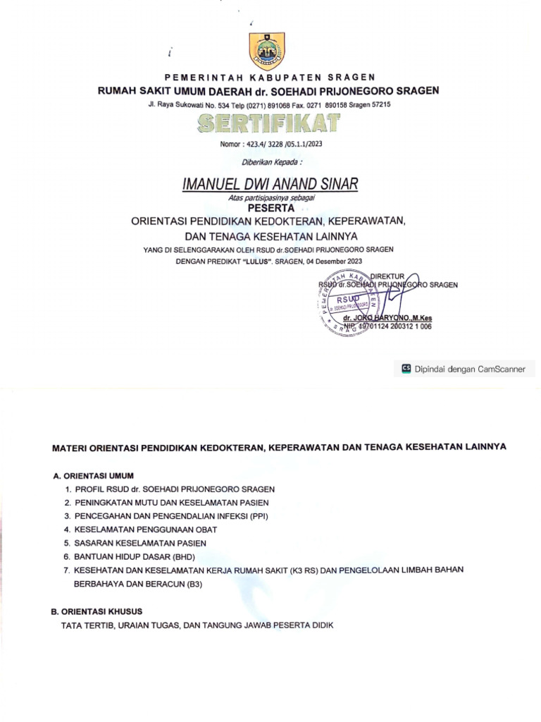 Sertif Orientasi - Imanuel | PDF