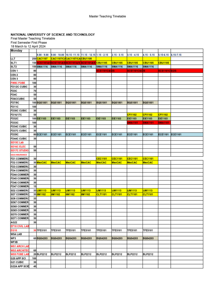 First Semester First Phase Master Teaching Timetable (March 2024 Intake) | PDF