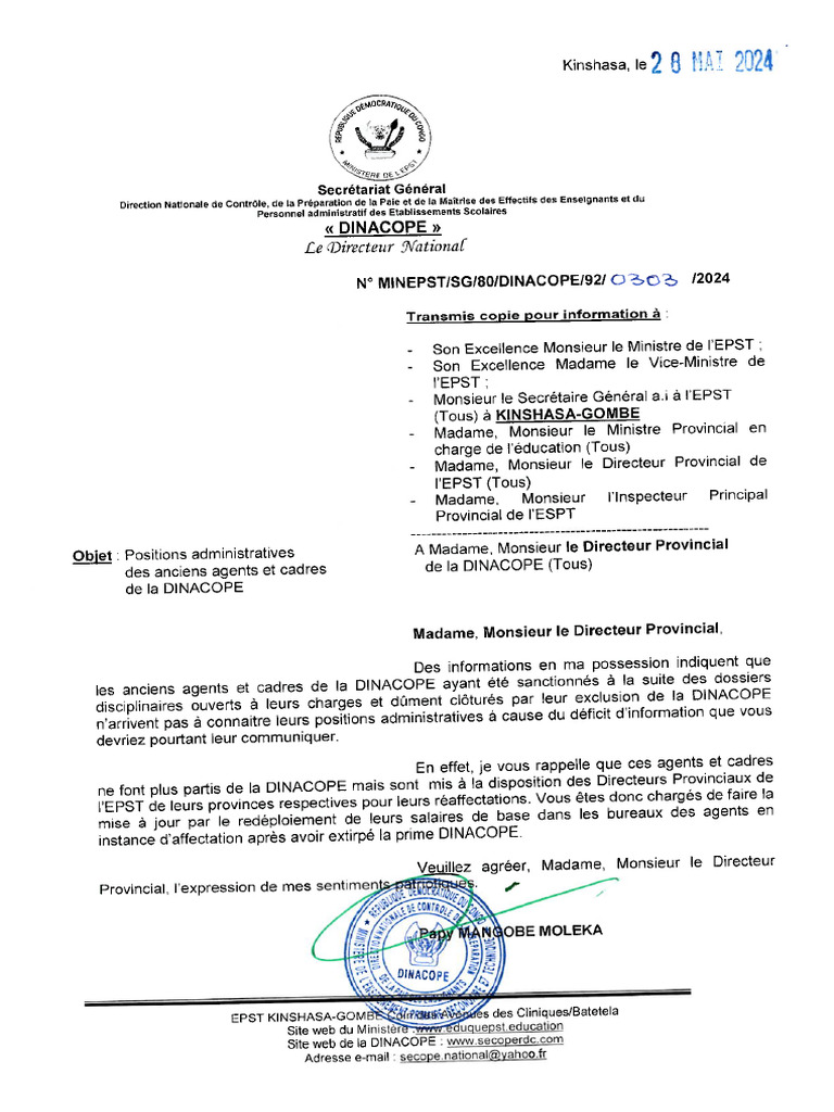 Positions Administratifs Des Anciens Agents Et Cadres de La Dinacope | PDF
