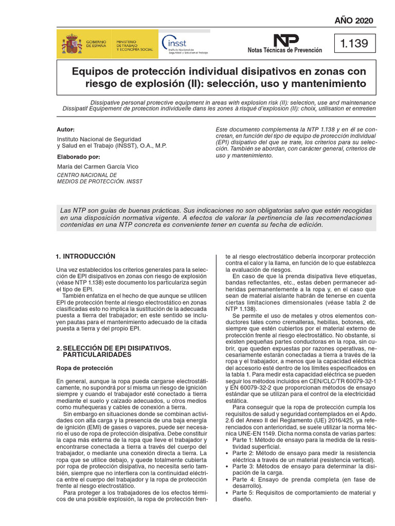 NTP 1139 Equipos de Protección Individual Disipativos en Zonas Con Riesgo de Explosión (II ...