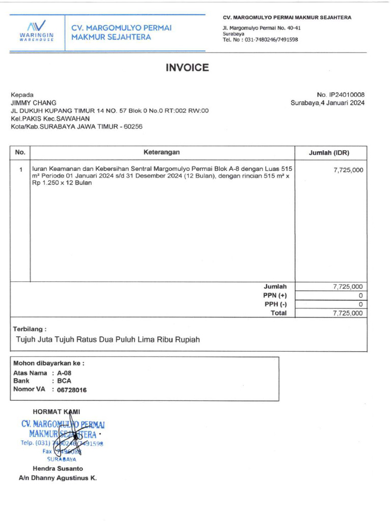 Invoice Iuran Keamanan Dan Kebersihan Gudang Sentral Margomulyo Permai ...