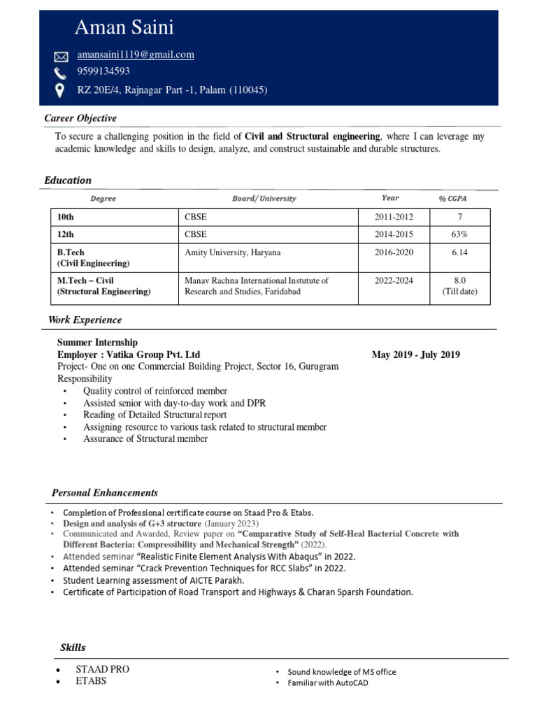 Resume Aman Saini | PDF | Engineering