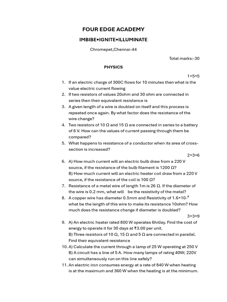Physics Practice Questions for Students | PDF | Electrical Resistance ...