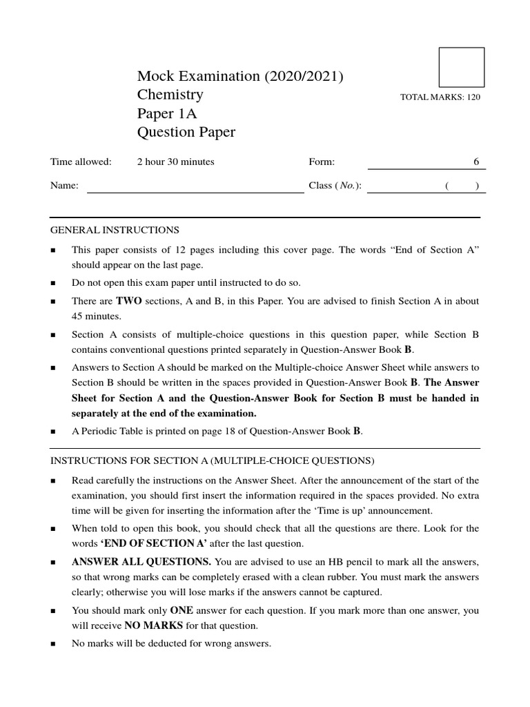 HKDSE Chemistry P1 Mock 2021 With Answers PDF | PDF | Hydroxide | Acid