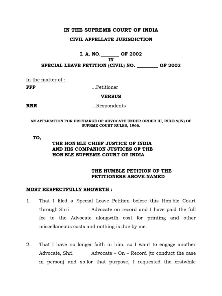 AN APPLICATION FOR DISCHARGE OF ADVOCATE | PDF | Affidavit | Advocate