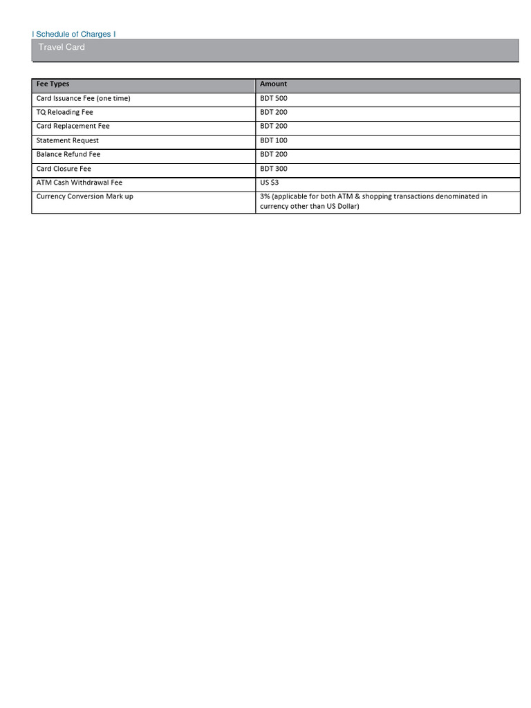 Travel Card Fee Schedule and Charges | PDF